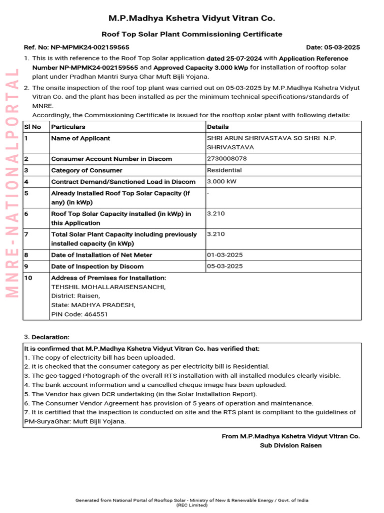 Commissioning Certificate 1 | PDF | Solar Power | Energy Economics