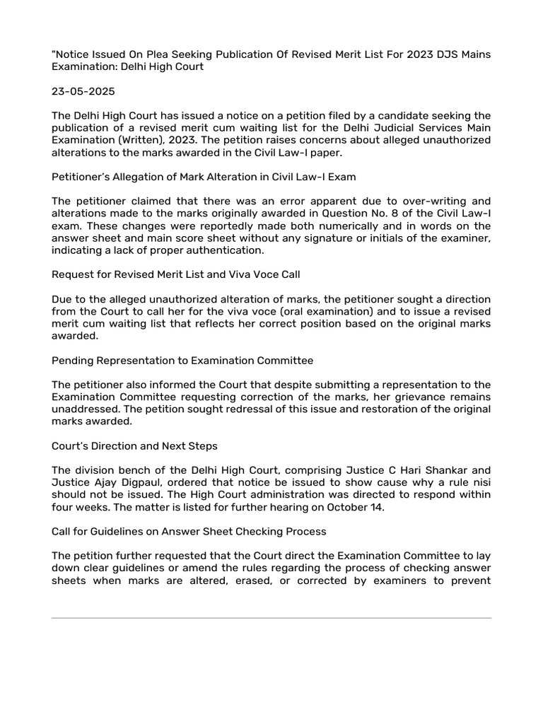 Case Law Notice Issued On Plea Seeking Publication of Revised Merit ...