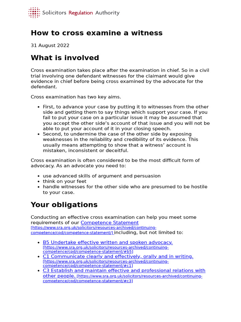 How To Cross Examine A Witness | PDF | Witness | Cross Examination