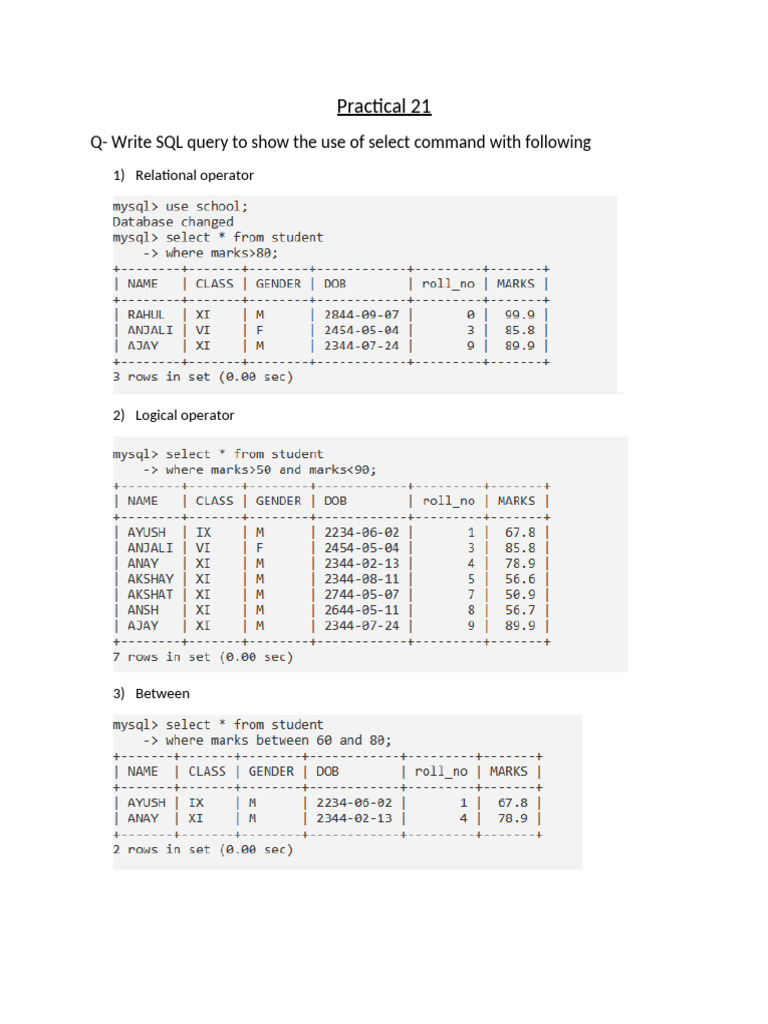 Practical 21: Q-Write SQL Query To Show The Use of Select Command With ...