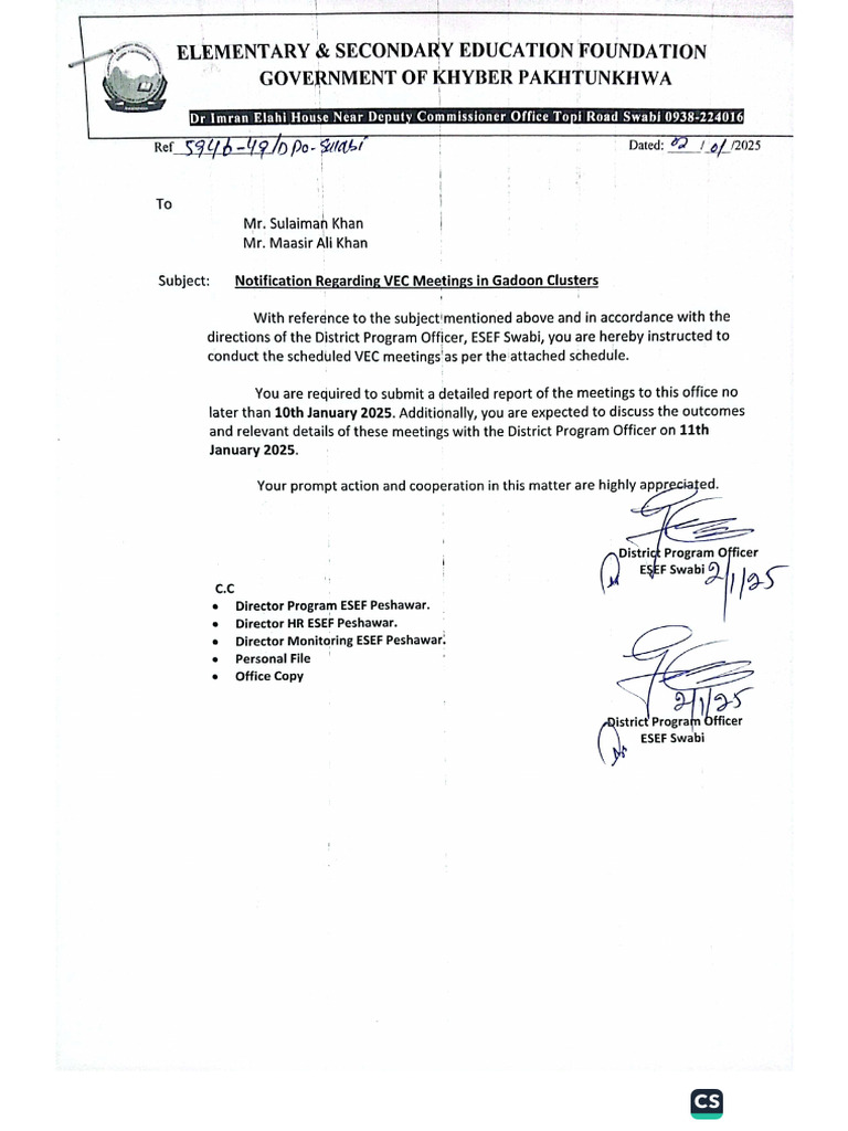 Notification Regarding VEC Meeting District Swabi | PDF