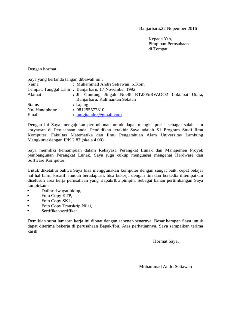 Lamaran Kerja Andre | PDF