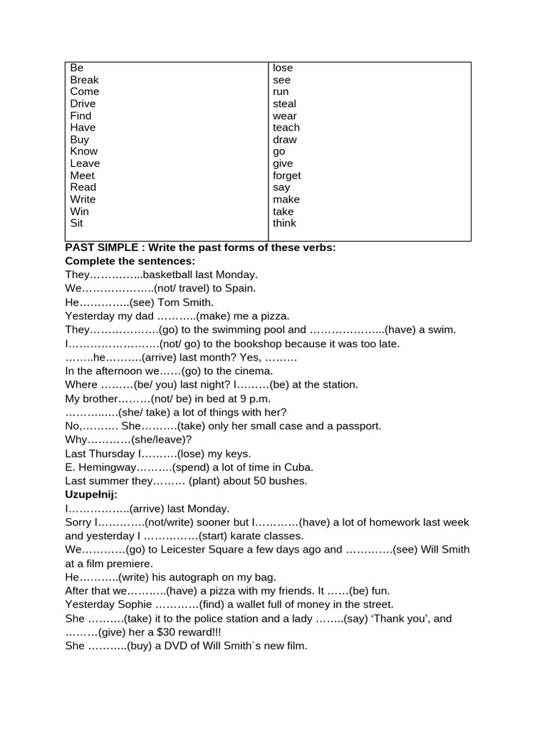 PAST SIMPLE: Write The Past Forms of These Verbs: Complete The ...