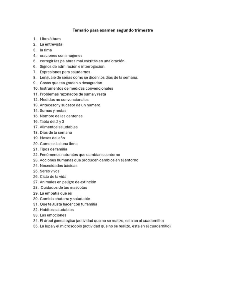 Temario para Examen Segundo Trimestre | PDF