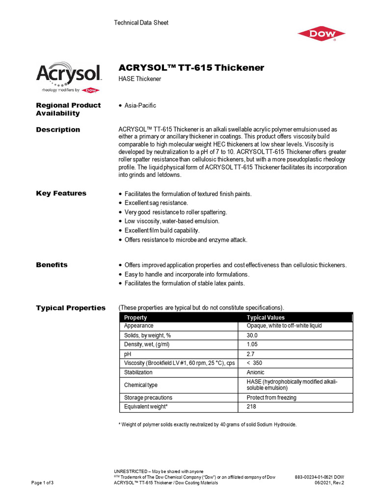 Acrysol Tt615 Thickener Tds | PDF | Paint | Materials Science