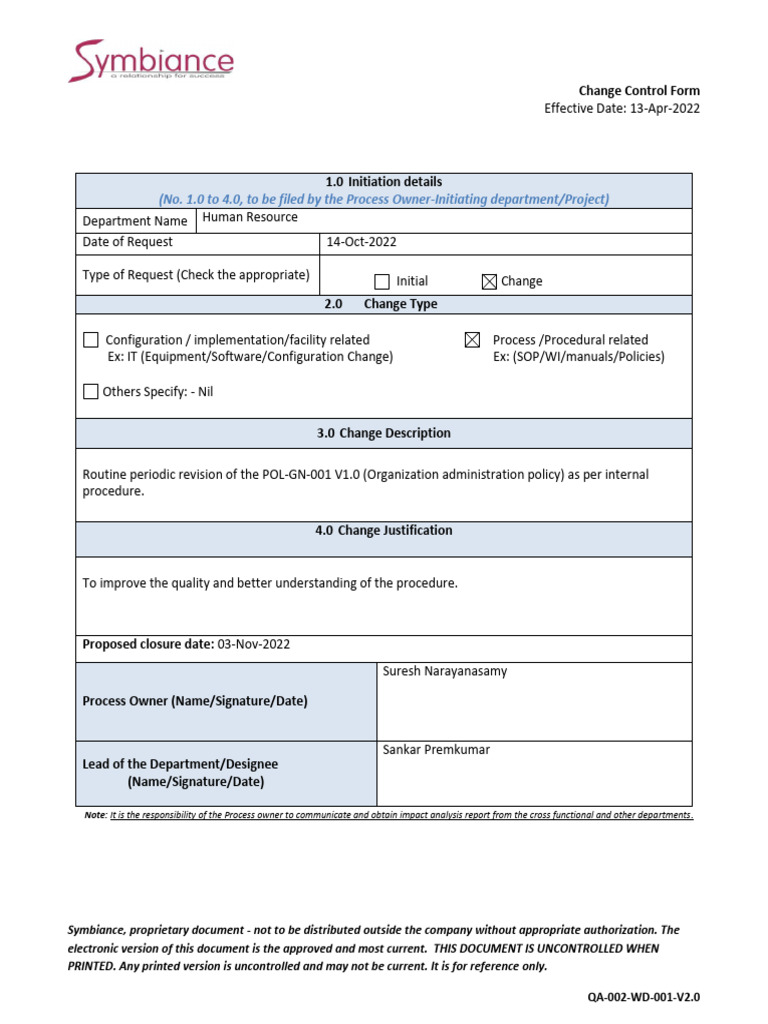 SYM-GN-CC-22-054 - Change Control Form | PDF | Computing