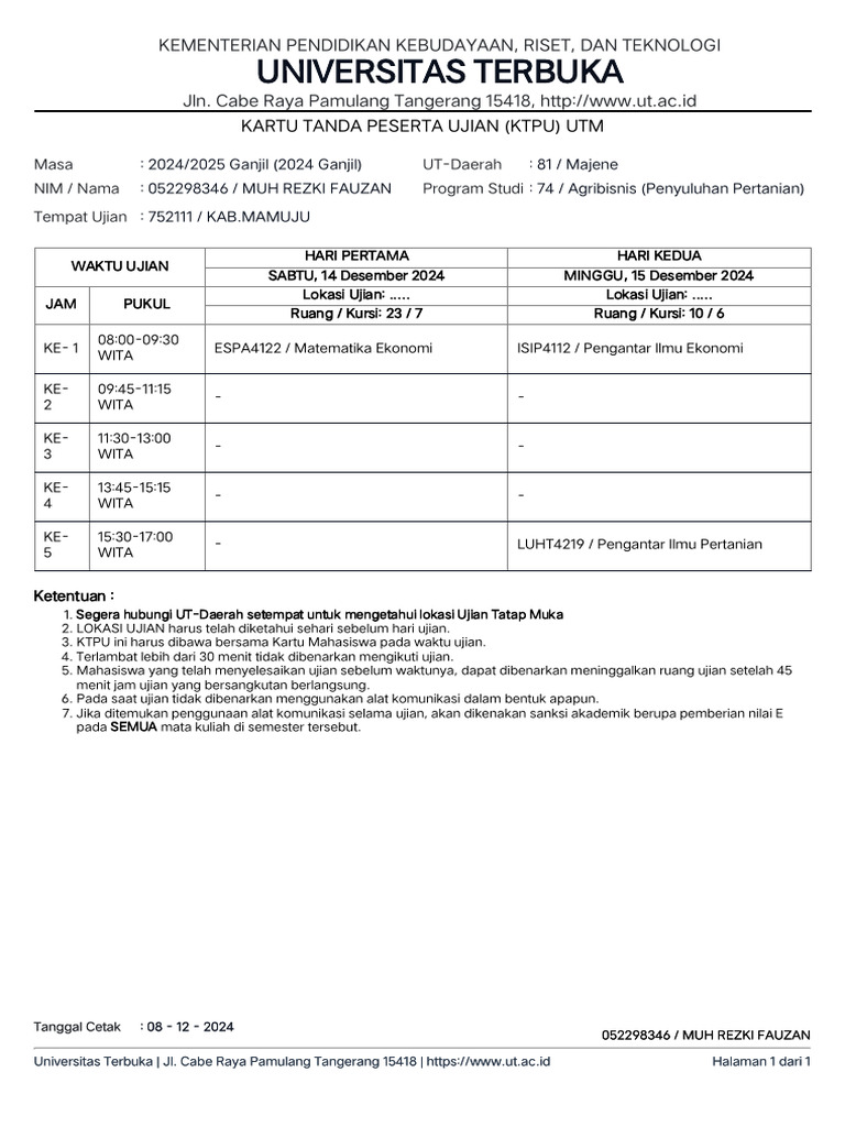 Kartu Ujian Mahasiswa Agribisnis 2024 | PDF