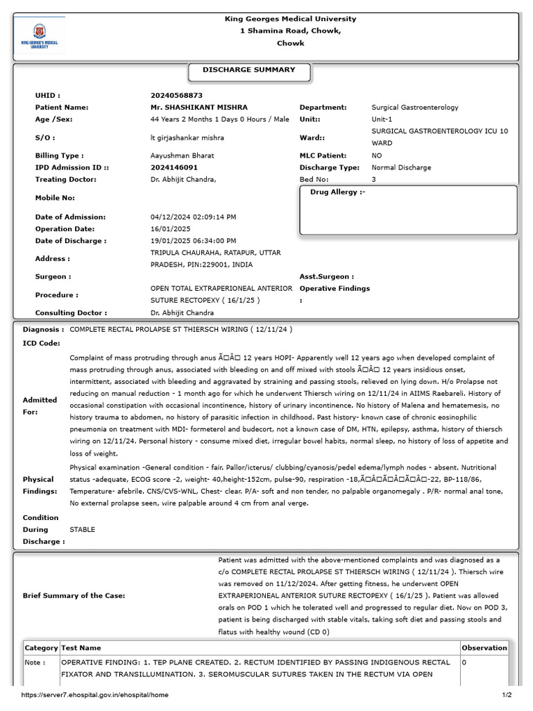 Shashikanth Mishra - Discharge | PDF | Rectum | Medical Specialties