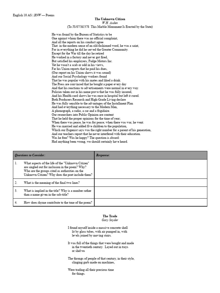 2024 Intro Poems - "The Unknown Citizen" and "The Trade" | PDF