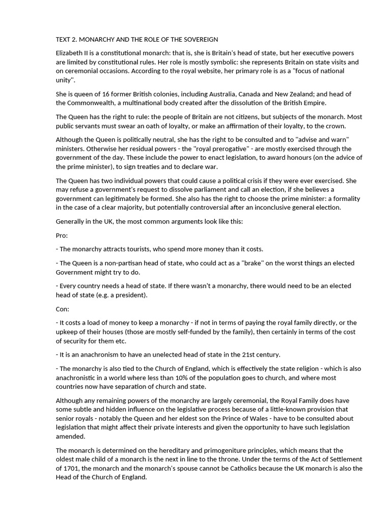 Pros and Cons - UK Monarchy | PDF | Heads Of State | Monarchy
