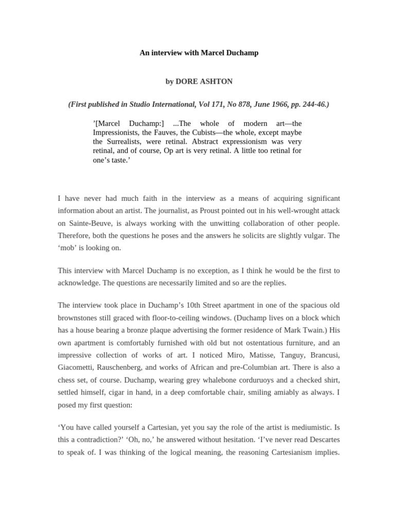 Dore Ashton-An Interview With Marcel Duchamp, Studio International ...
