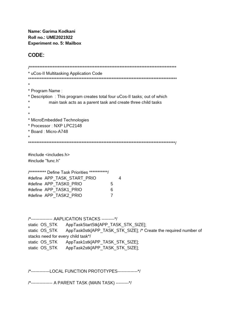 RTOS Expt 5 - Mailbox - UME2021922 | PDF | Pointer (Computer Programming) | Computer Architecture