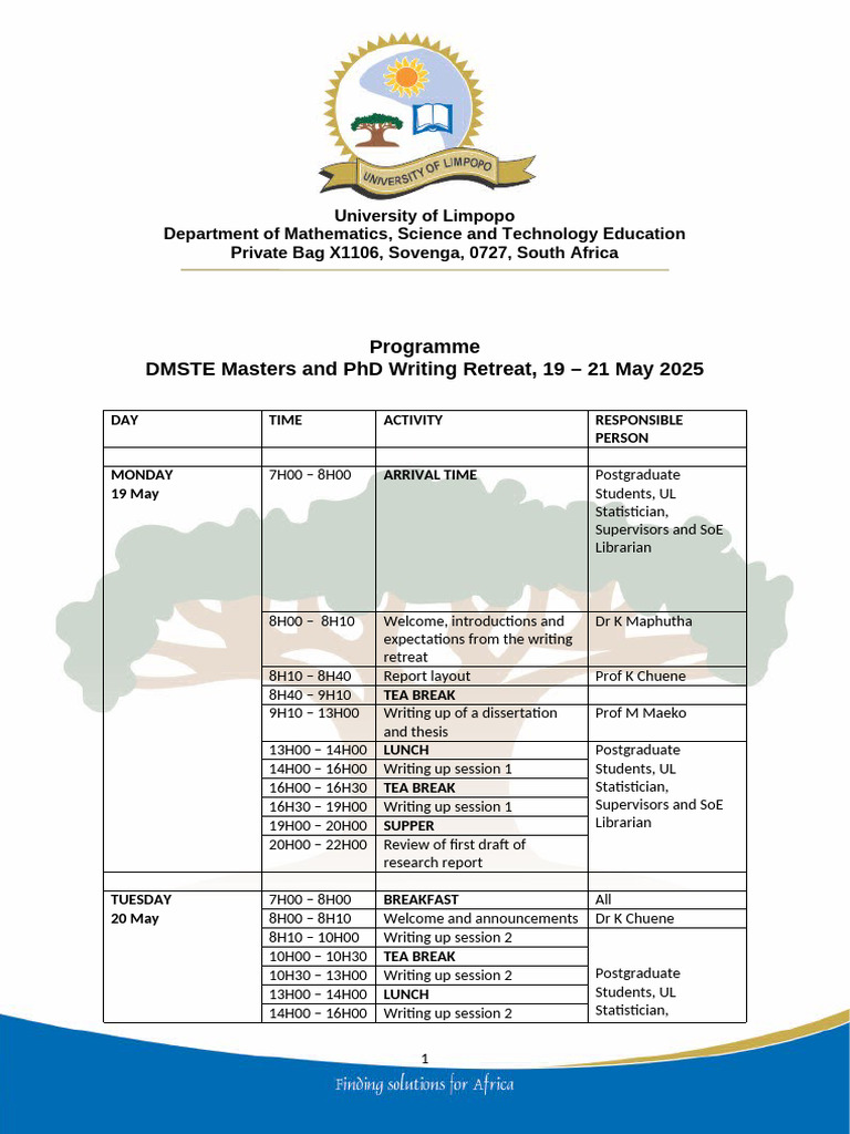 Programme - Dmste Masters and PHD Writing Retreat May 2025 | PDF | Thesis | Vocational Education