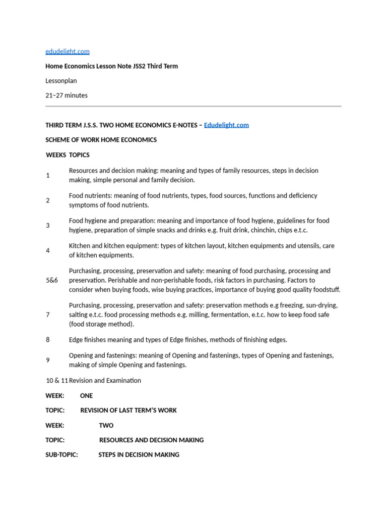Home Economics JSS2 Third Term Notes | PDF | Food Preservation | Vegetables