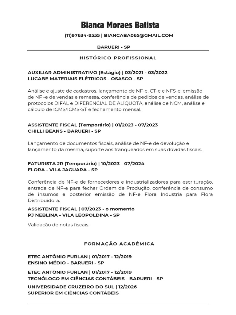 BIANCA MORAES - Fiscal (Currículo) | PDF