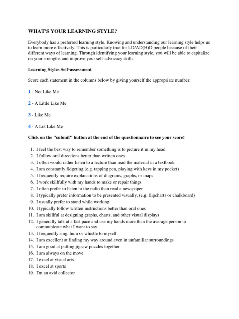 What'S Your Learning Style?: Learning Styles Self-Assessment | PDF ...