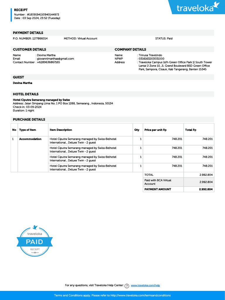 Traveloka Invoice for Hotel Ciputra Semarang | PDF | Business ...