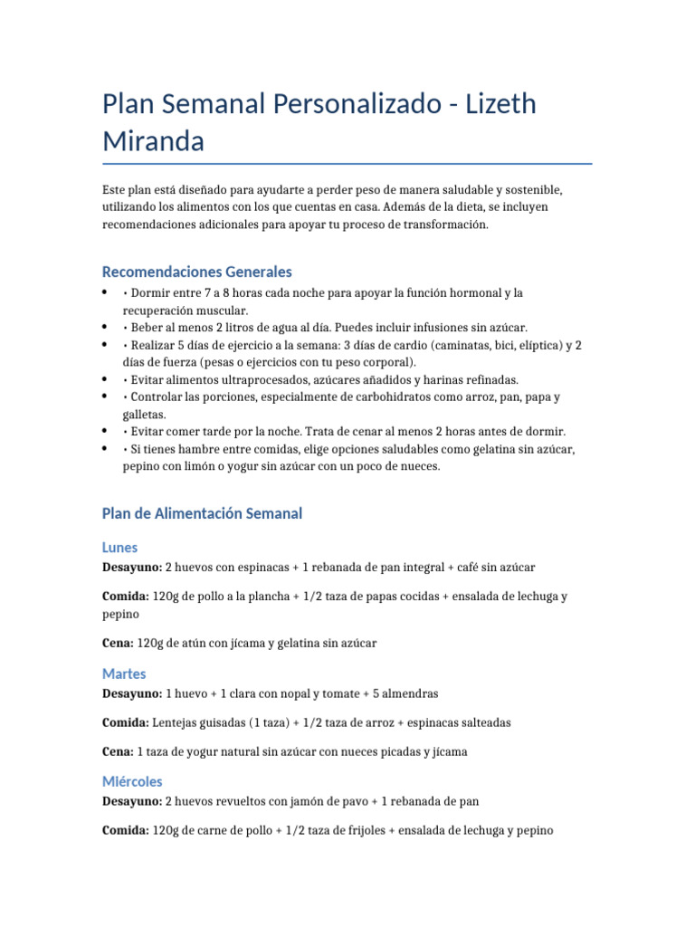 Muestra de Plan Semanal Lizeth Miranda | PDF | Alimentos | ensalada
