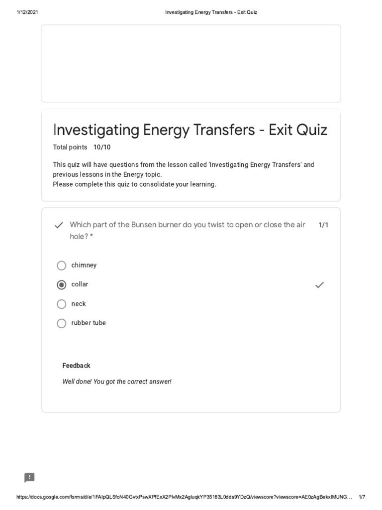 Investigating Energy Transfers - Exit Quiz | PDF