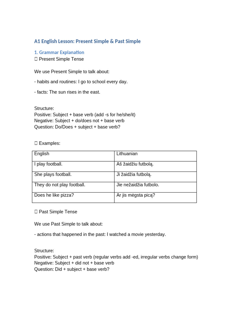 A1 English Lesson Present and Past Simple | PDF | Subject (Grammar ...