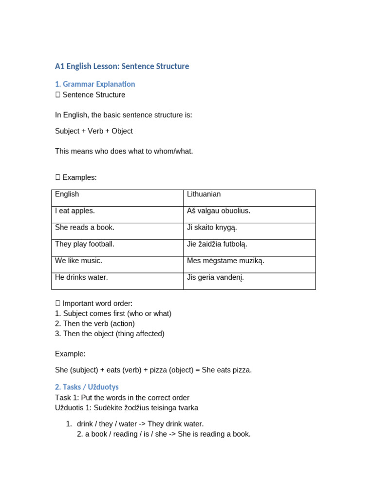 A1 English Lesson Sentence Structure | PDF