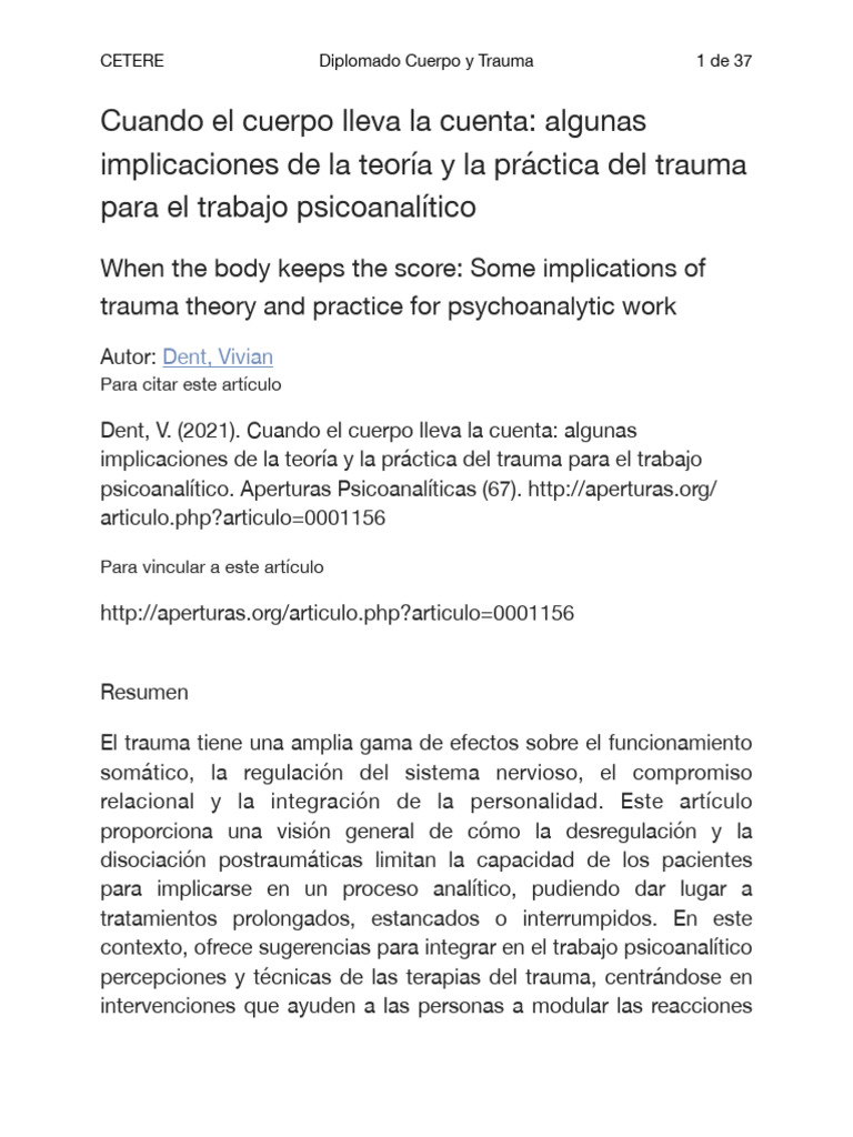 Cuando El Cuerpo Lleva La Cuenta: Algunas Implicaciones de La Teoría y ...