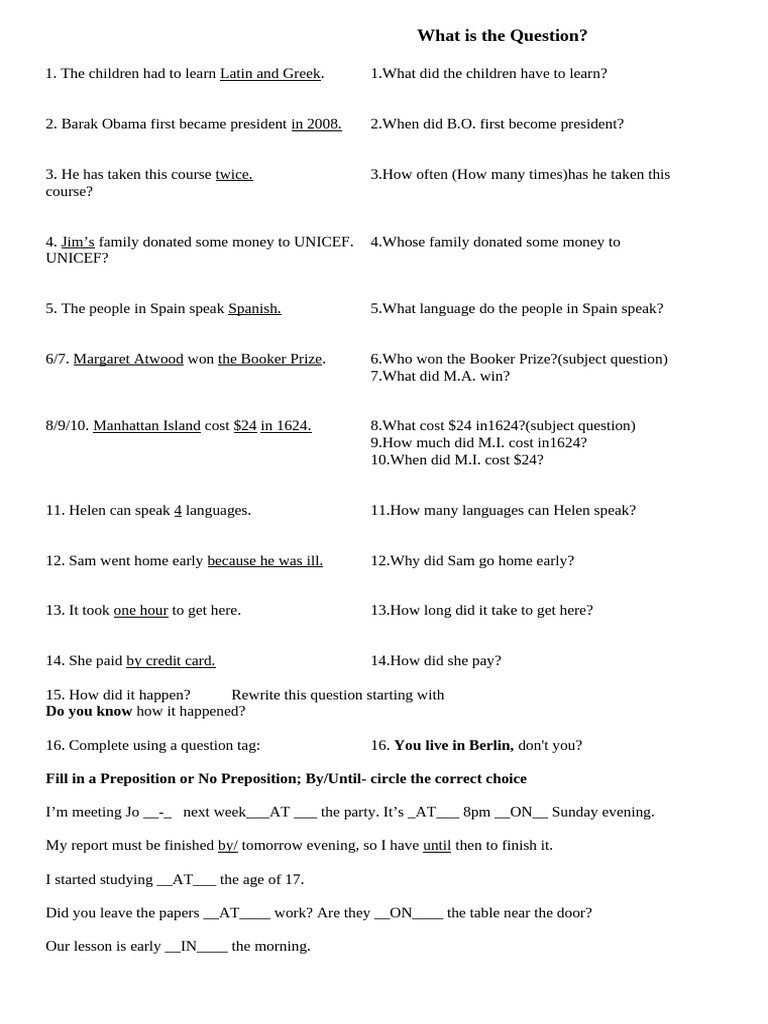 Question and Preposition quiz-+ANSWERS | PDF