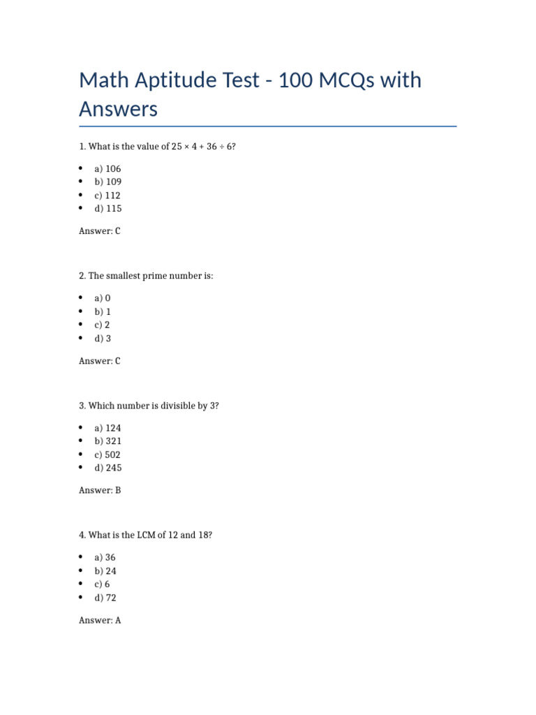 Math Aptitude Test 100 MCQs | PDF | Elementary Mathematics | Arithmetic