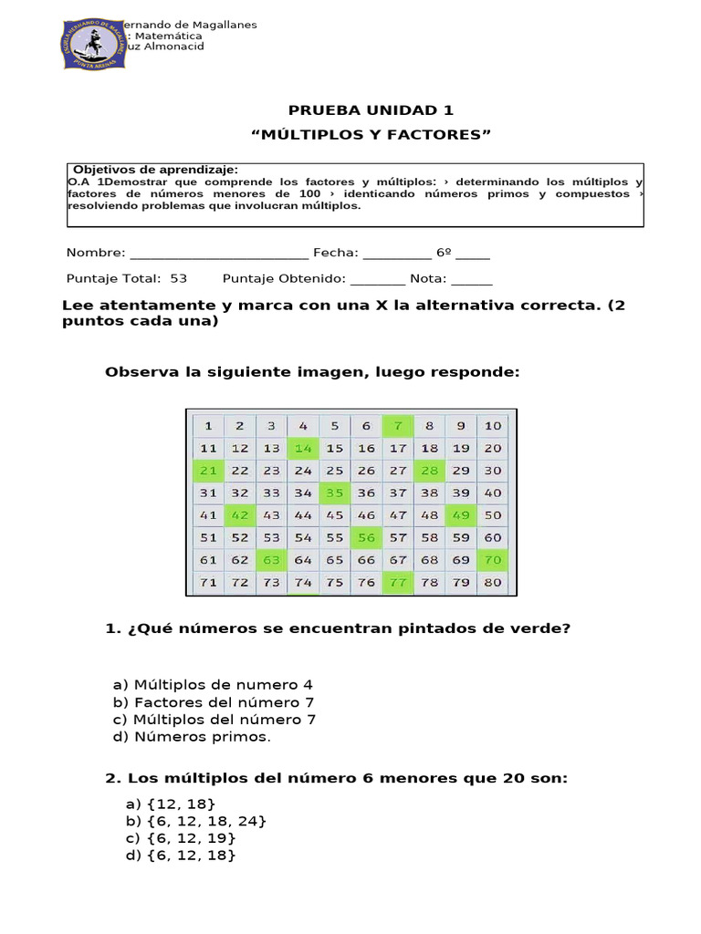 Copia de Evaluacion Multiplos y Factores | PDF