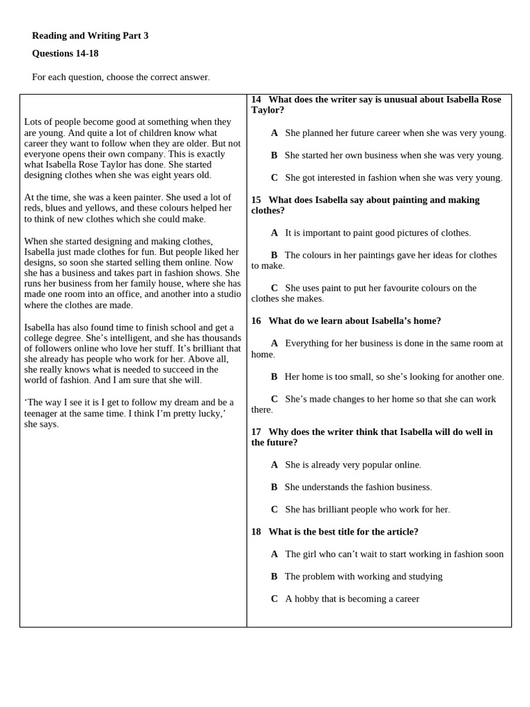 K - Reading PART 3 - Multiple Choice IV Comp. | PDF