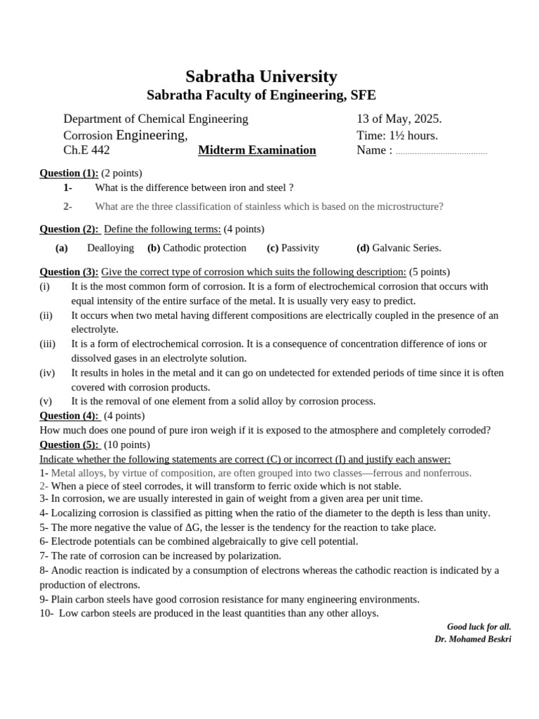 Midterm Corrosion Eng Spring 2025 | PDF | Corrosion | Steel
