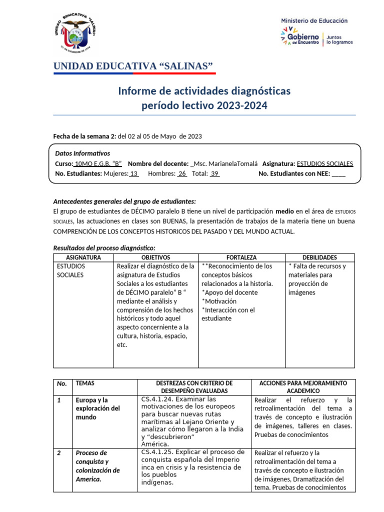 Informe de Tareas Diagnósticas Eess - Decimo B | PDF | Era de iluminacion