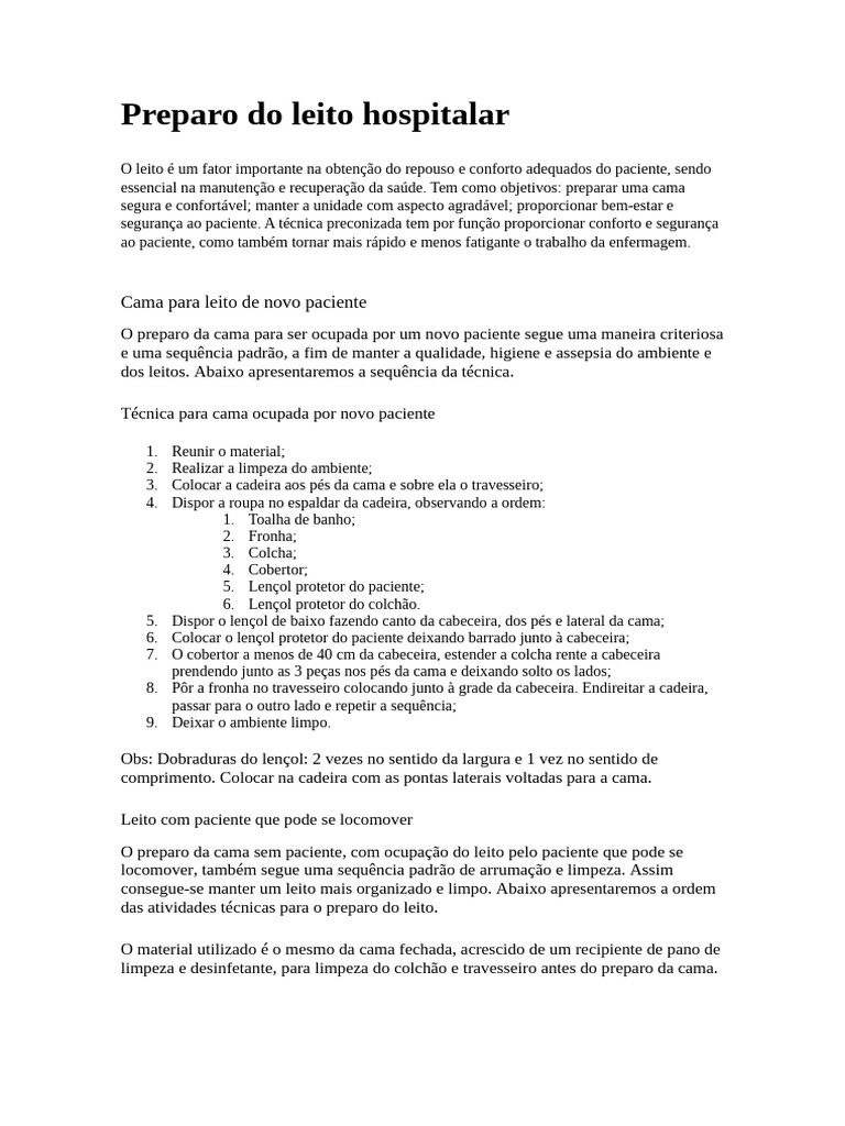 Preparo Do Leito Hospitalar | PDF | Cama | Colchão