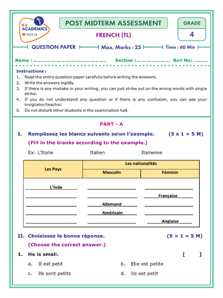 French (TL) Grade-4 Post Midterm QP 2023-24 | PDF