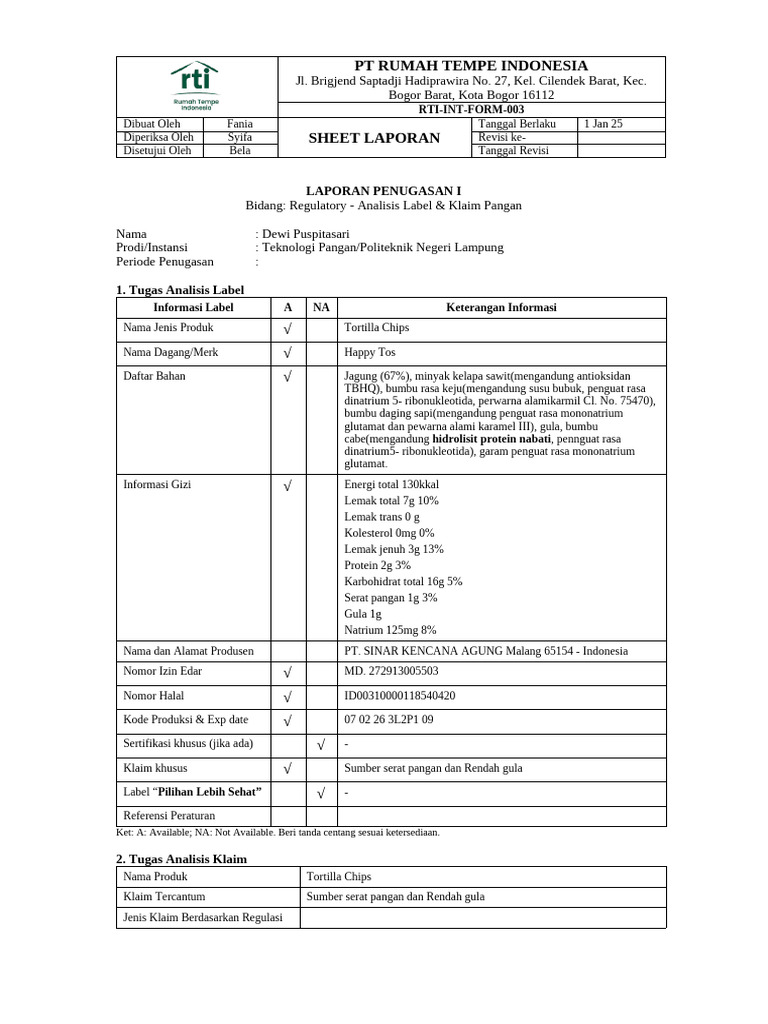 INT-FORM-003 Sheet Laporan I Tortila Chips | PDF