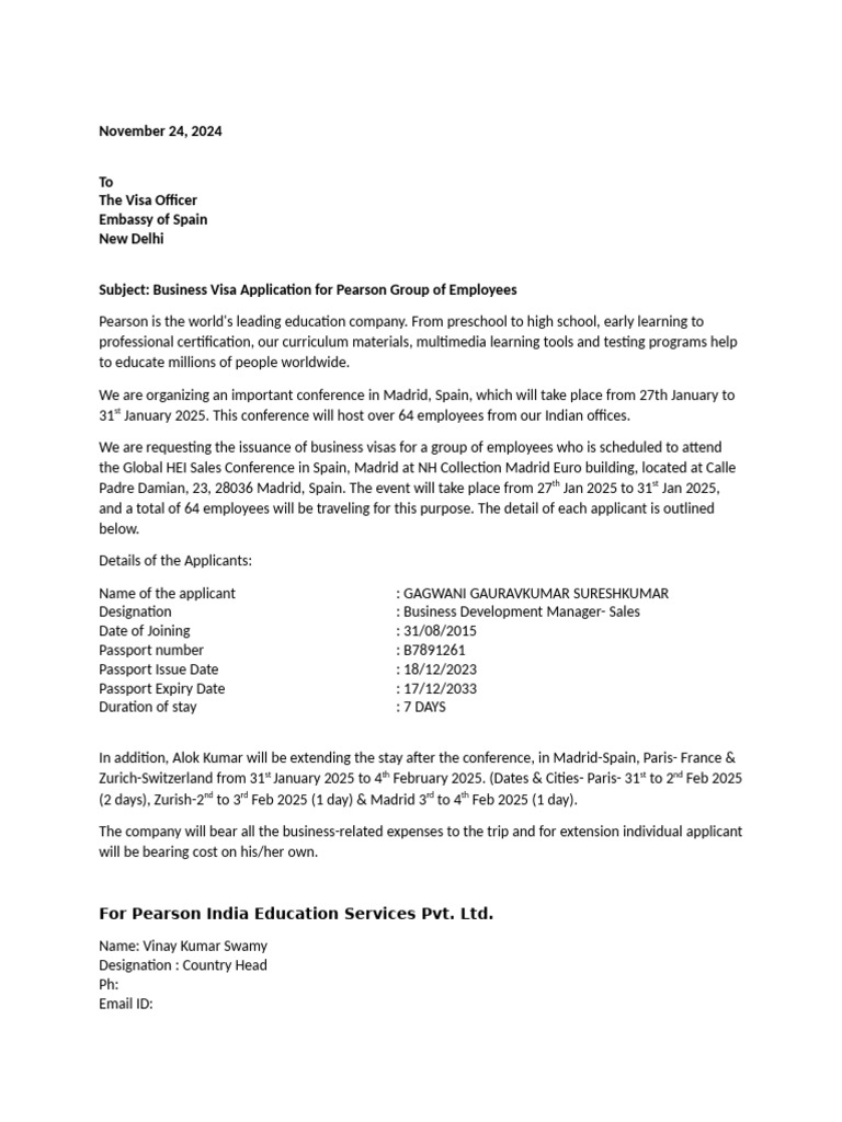 Spain Visa Cover Letter for Conference | PDF