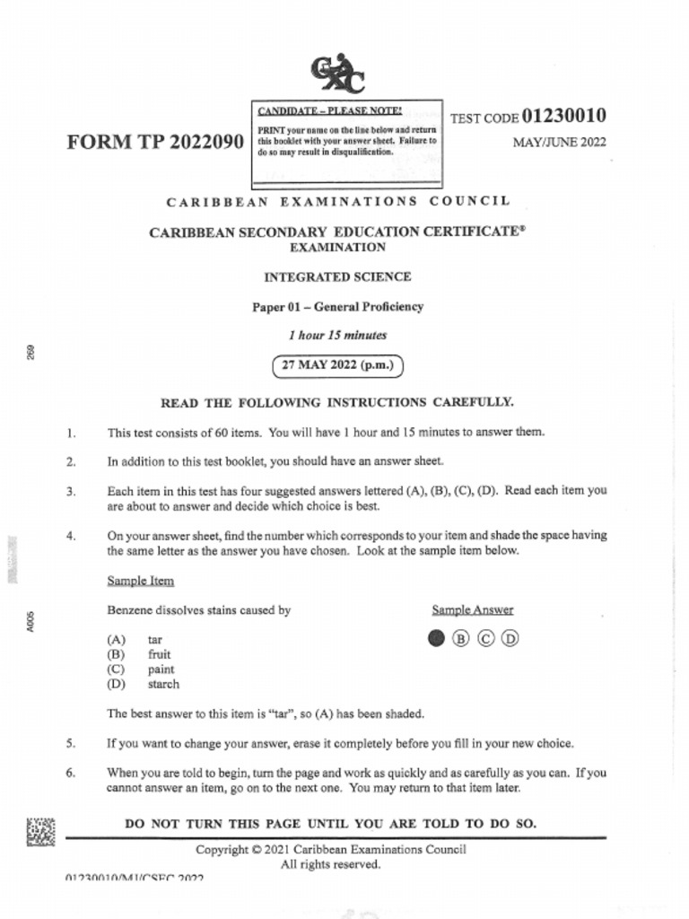 Csec Integrated Science Paper 1 2022 | PDF