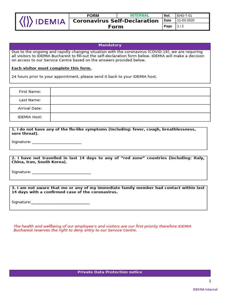 Coronavirus Self-Declaration Form Version 2 | PDF | Medicine | Emergency Management