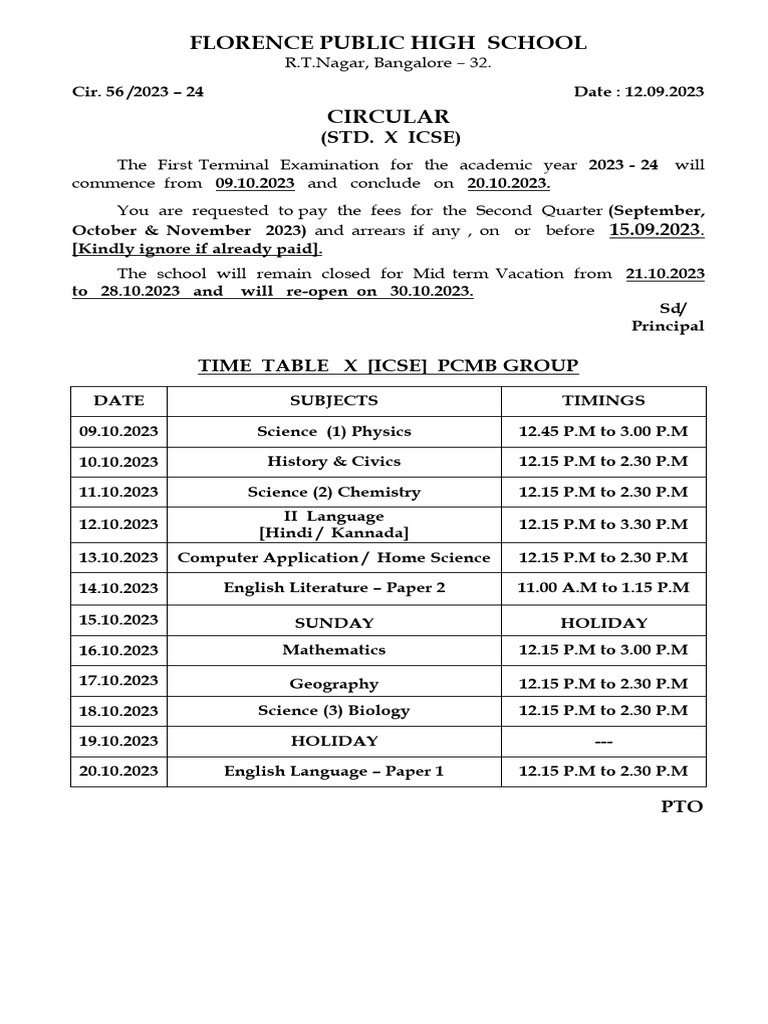 ICSE Class 10 Exam Schedule 2023 | PDF
