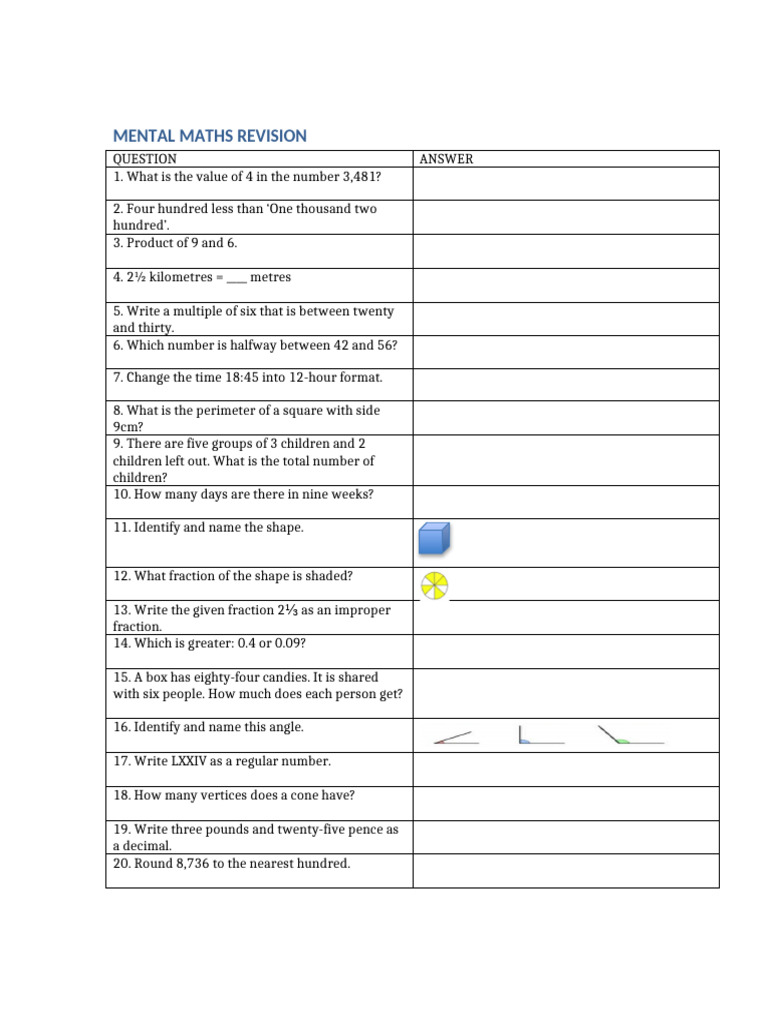 Mental Maths Revision Year4 New | PDF