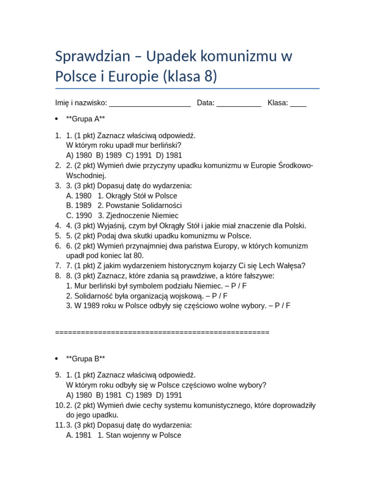 Sprawdzian Upadek Komunizmu Klasa8 | PDF
