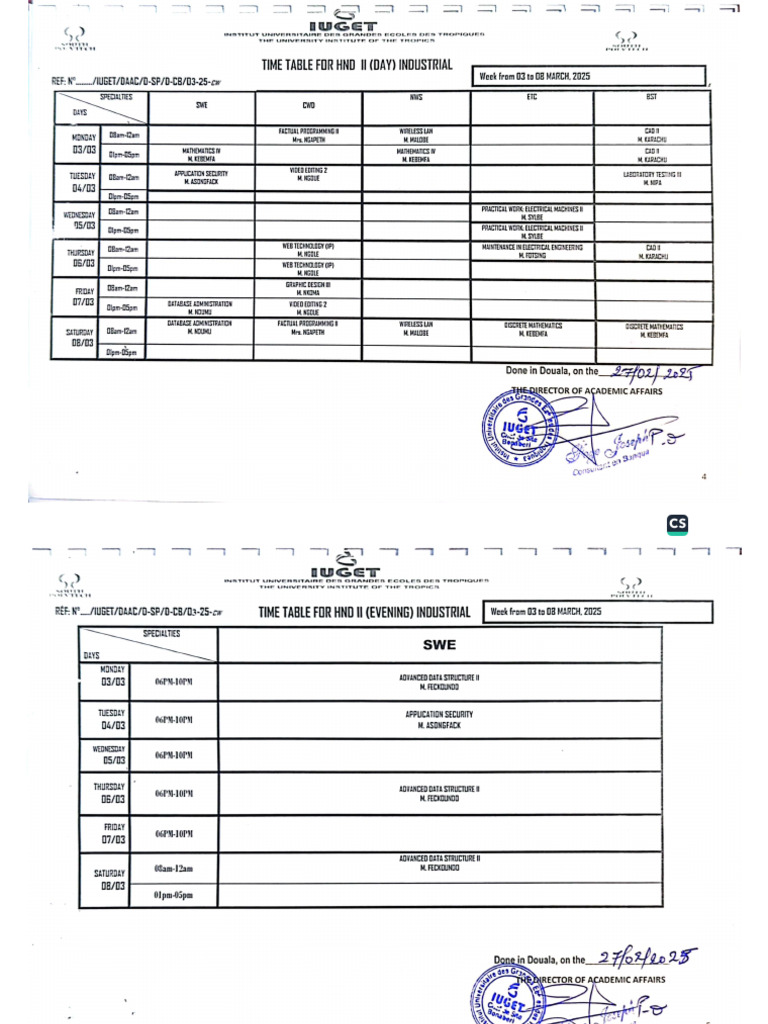 Time Table For HND Ii (Day and Evening) Industrial S | PDF