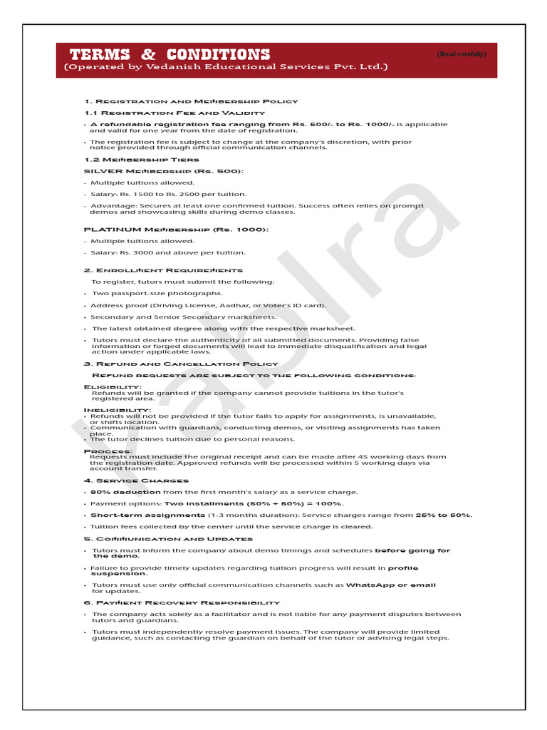 KHT Terms and Condition 2025-1-1 | PDF | Fee