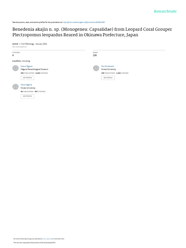 Benedenia Akajin N SP Monogenea Capsalidae From Le | PDF