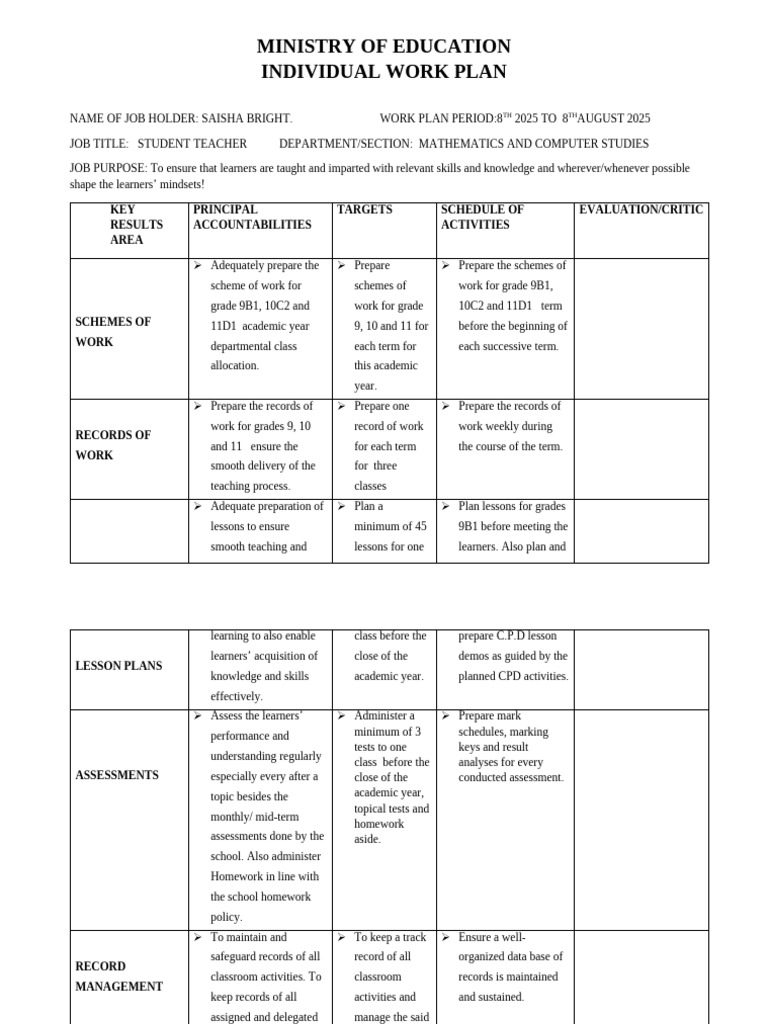 Student Teacher Work Plan 2025 | PDF | Homework | Intelligence