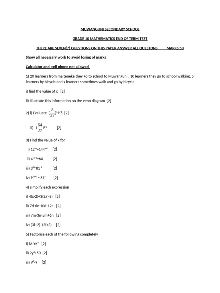Grade 10 Mathematics Test | PDF