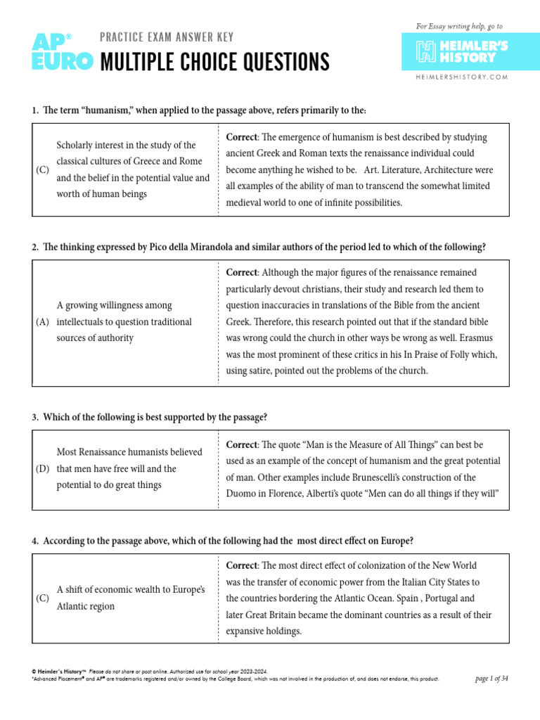 AP EURO HRG Practice Exam Answers | PDF | Age Of Enlightenment | Humanism