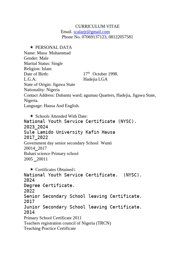 Musa Muhammad's CV Summary | PDF