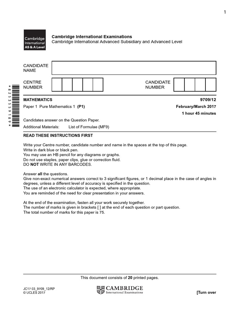 Math A Level Paper 1 Varaint 2 2017 To | PDF | Mathematics | Geometry