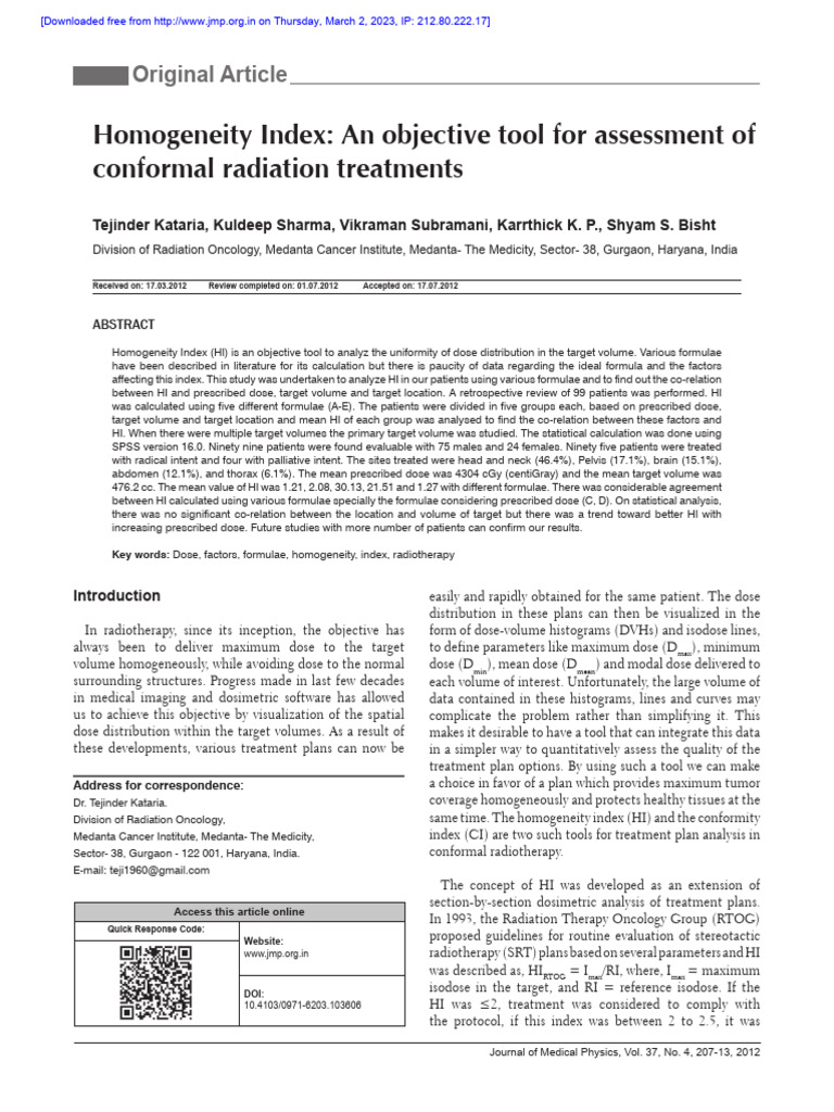 Homogeneity Index An Objective Tool For Assessment | PDF | Radiation ...